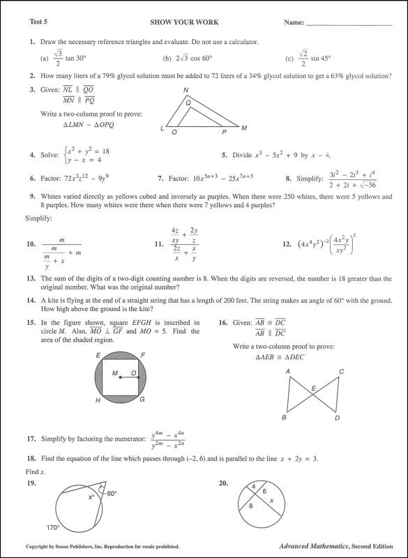 Saxon Advanced Math 2ED Consumable Tests Only Saxon Publishers