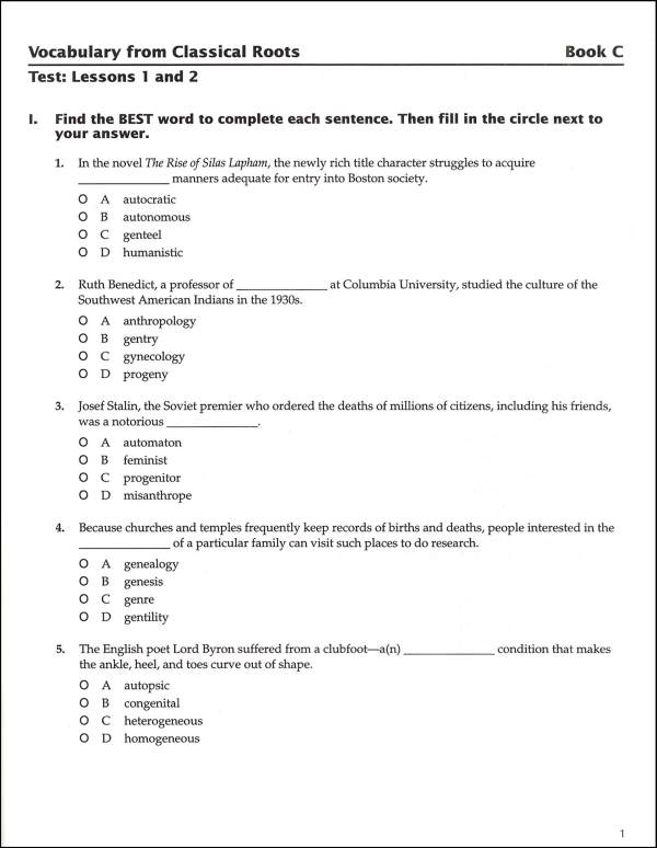 Vocabulary From Classical Roots C Test Key Educators Publishing