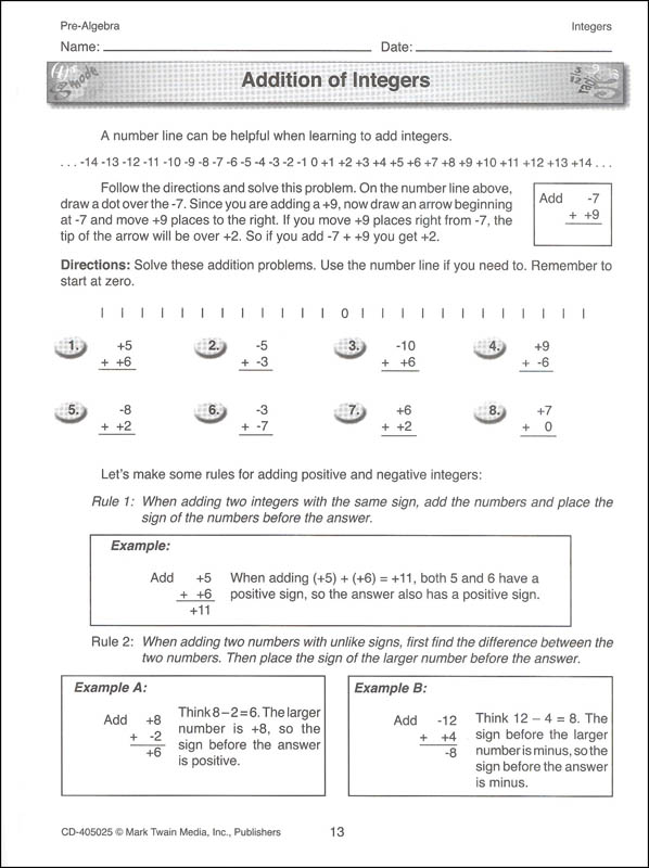 Pre-Algebra Math Activity Book | Mark Twain Media | 9781622237029