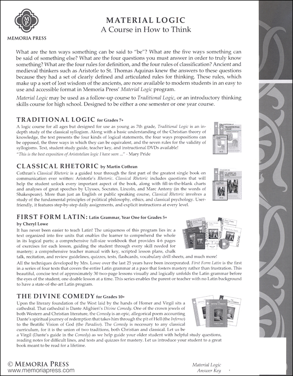 Material Logic Book I Answer Key Memoria Press 9781930953581
