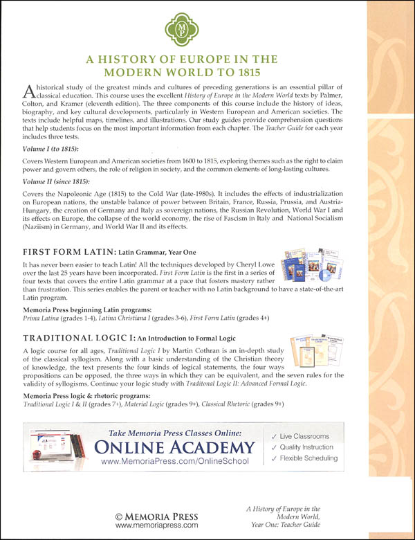 History of Europe in the Modern World Volumes 1 & 2 Teacher Manual ...