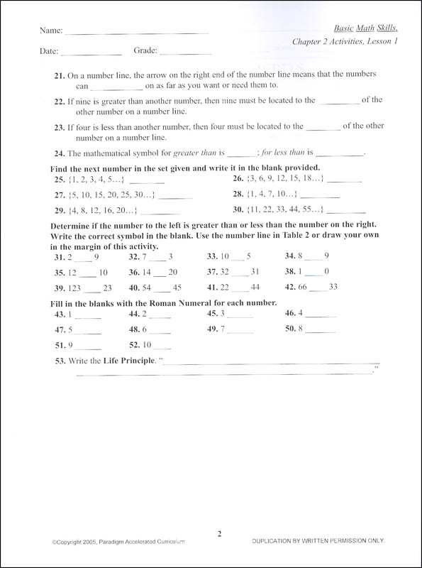 Basic Math Skills Chapter 2 Activities Paradigm Accelerated 