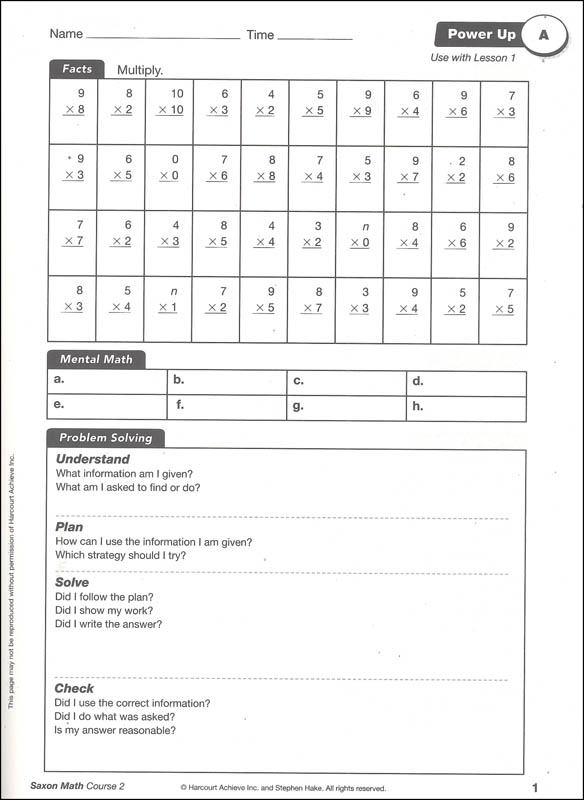 Saxon Math Course 2 Power Up Workbook Saxon Publishers 9781591418733