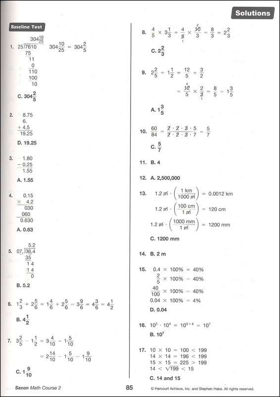 Saxon Math Course 2 Solutions Manual Saxon Publishers 9781591418689