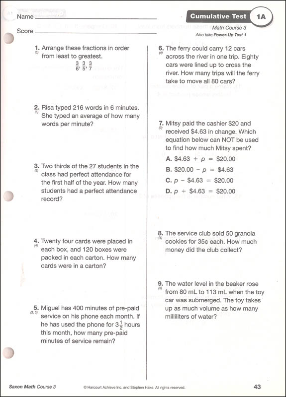 Saxon Math Course 3 Assessments Saxon Publishers 9781591419105