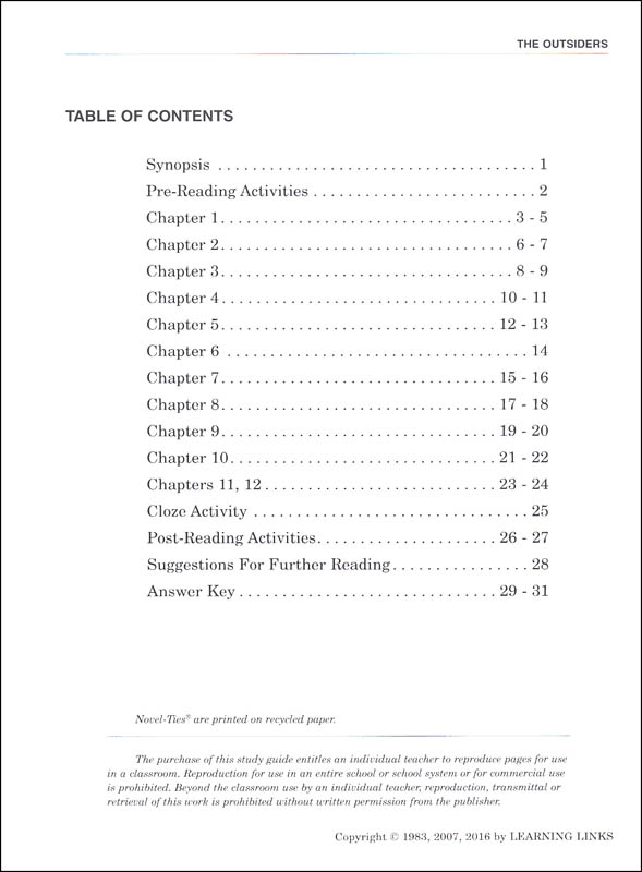 Outsiders Novel-Ties Study Guide | Learning Links | 9780881220308 Outsiders Novel-Ties Study Guide | Learning Links | 9780881220308