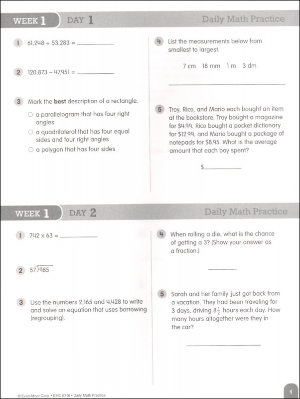 Daily Math Practice Grade 6 Individual Student Workbook Evan Moor